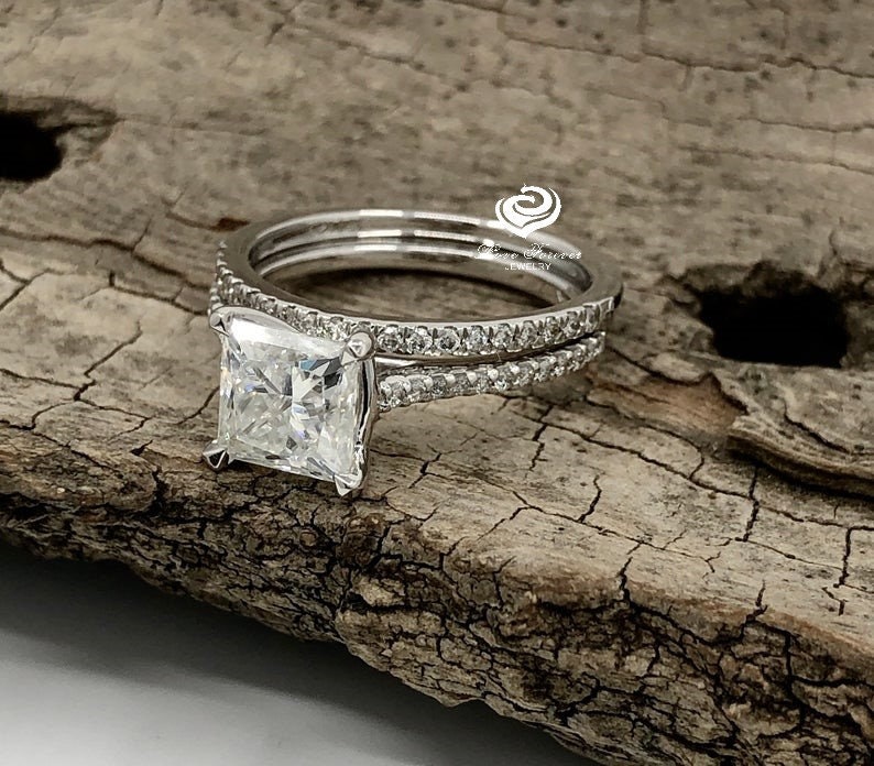 Princess Cut Bridal Set in 14k White Gold Princess Cut | Etsy