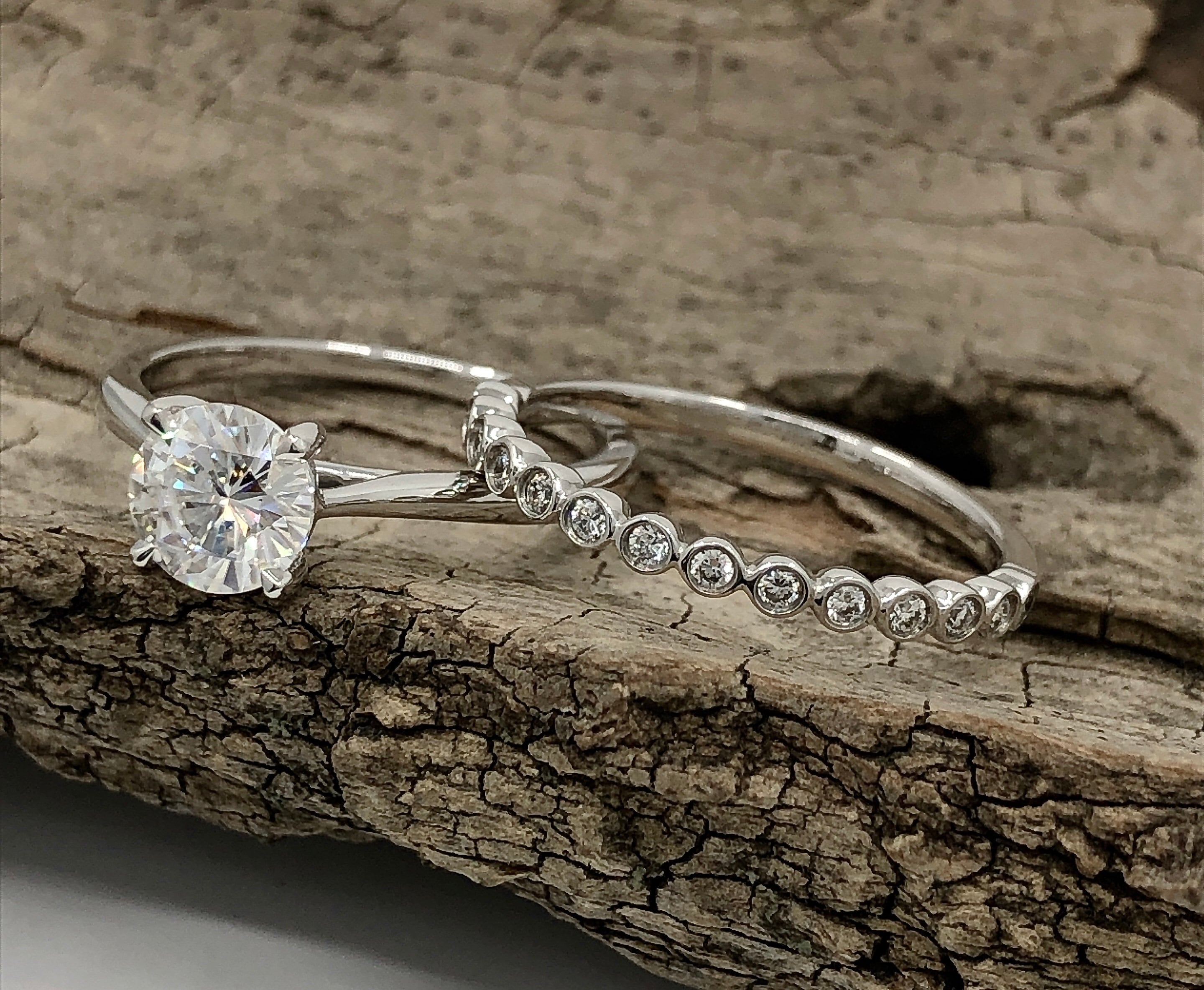 Round Engagement Ring Set in 14k White Gold Simple Wedding | Etsy