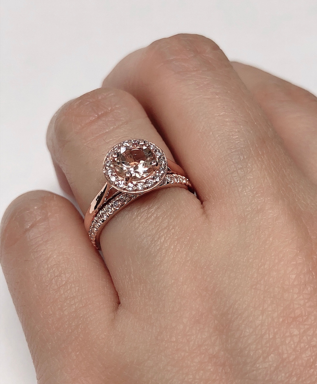 Morganite Engagement Ring Set Rose Gold, Morganite Round Engagement ...