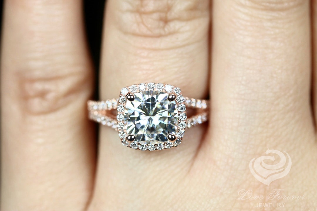 Cushion Cut Engagement Ring 14k Rose Gold, Forever One Moissanite 2.50 ...