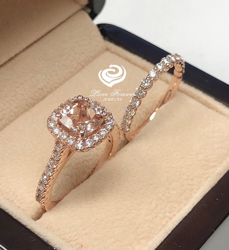 Morganite Bridal Set in 14K Rose Gold, Morganite Cushion Engagement ...