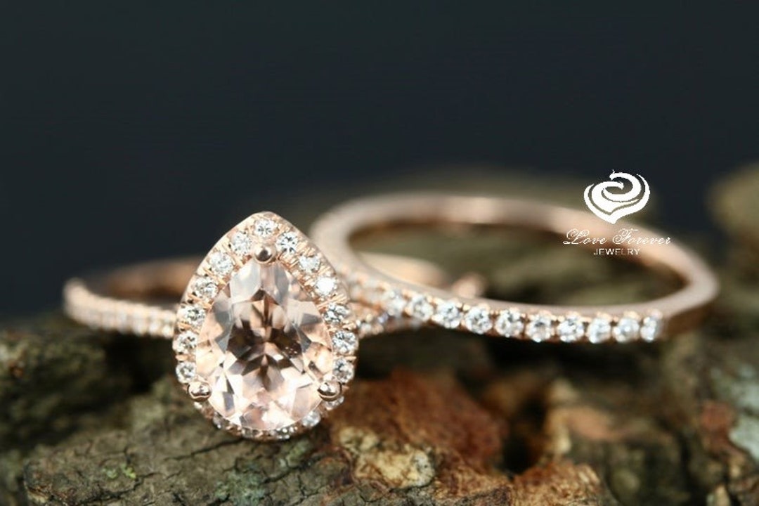 Rose Gold Morganite Pear Shape Ring Set, Pear Morganite Engagement Ring ...