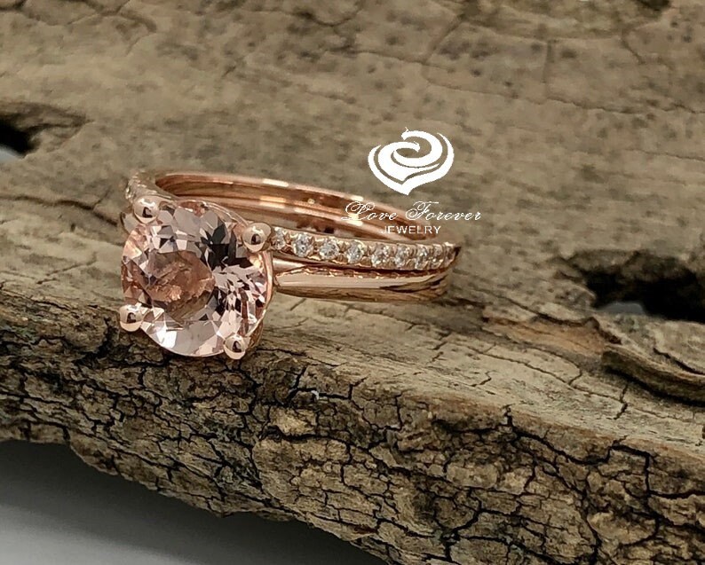 Rose Gold Morganite Round Cut Wedding Set, Round Morganite Engagement ...