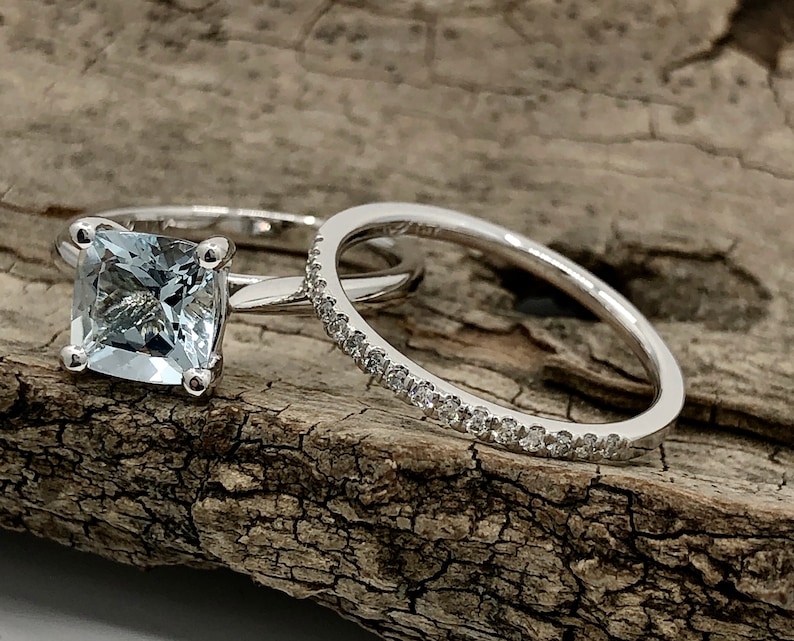 14k White Gold Bridal Set Wedding Set 7mm Cushion Cut Dark Blue ...