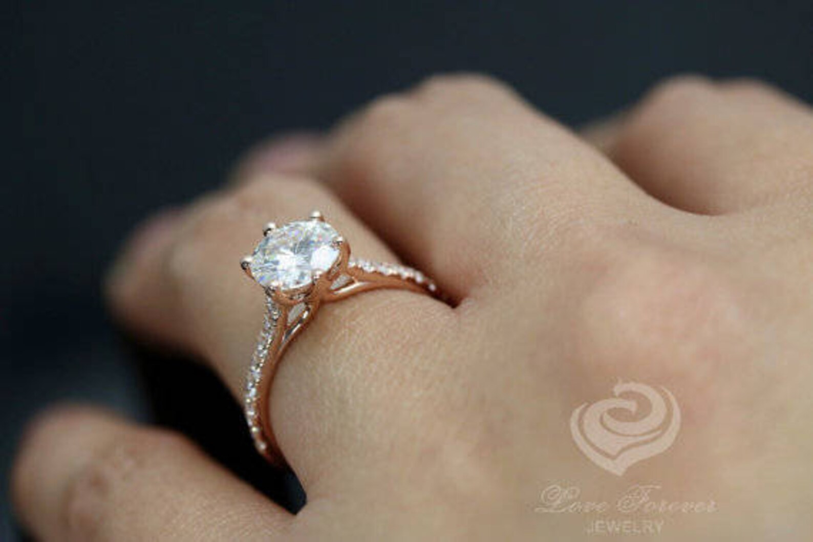 14k Rose Gold Diamond Ring Moissanite Ring Forever One Certified 7mm/1. ...