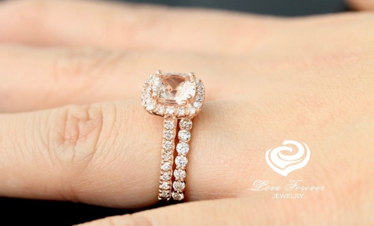 Morganite Bridal Set in 14K Rose Gold, Morganite Cushion Engagement ...