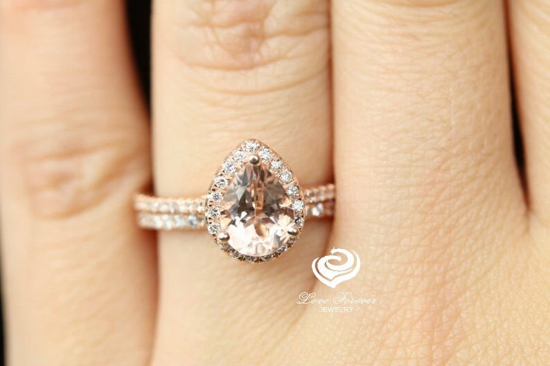 Rose Gold Morganite Pear Shape Ring Set Pear Morganite - Etsy