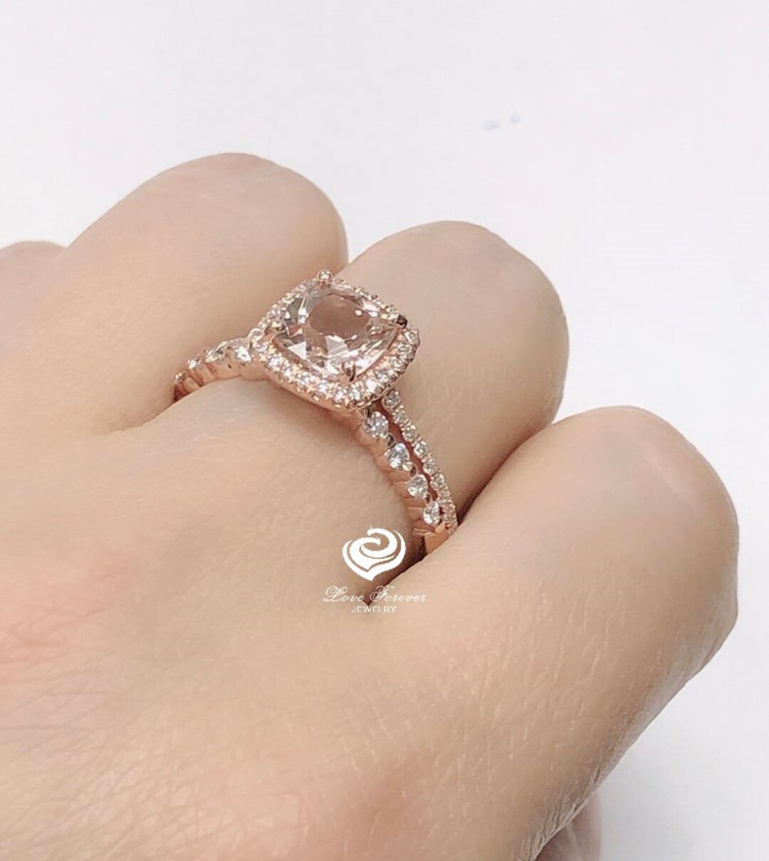Morganite Cushion Cut Bridal Set, Cushion Morganite Engagement Ring ...