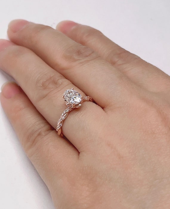 14k Gold Diamond Ring Forever One Moissanite Ring Certified 7x5mm Oval Cut D F Color Moissanite Diamond Twisted Shank Engagement Ring