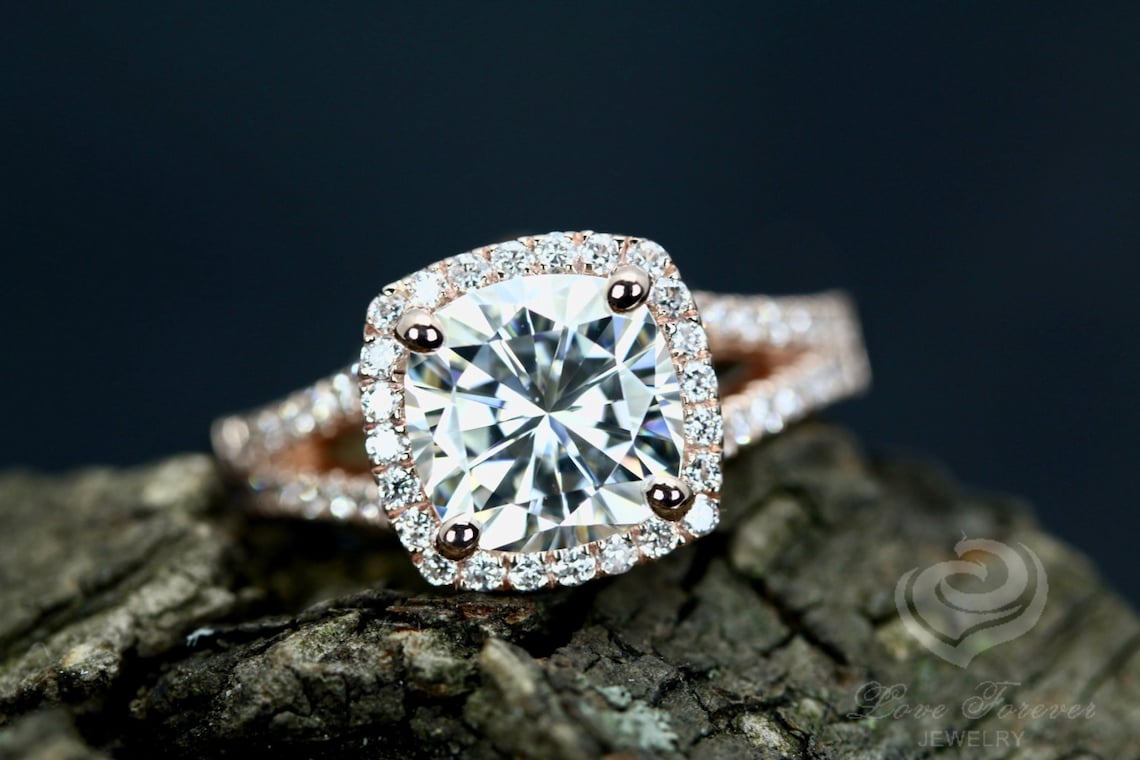 Cushion Cut Engagement Ring 14k Rose Gold, Forever One Moissanite 2.50 ...