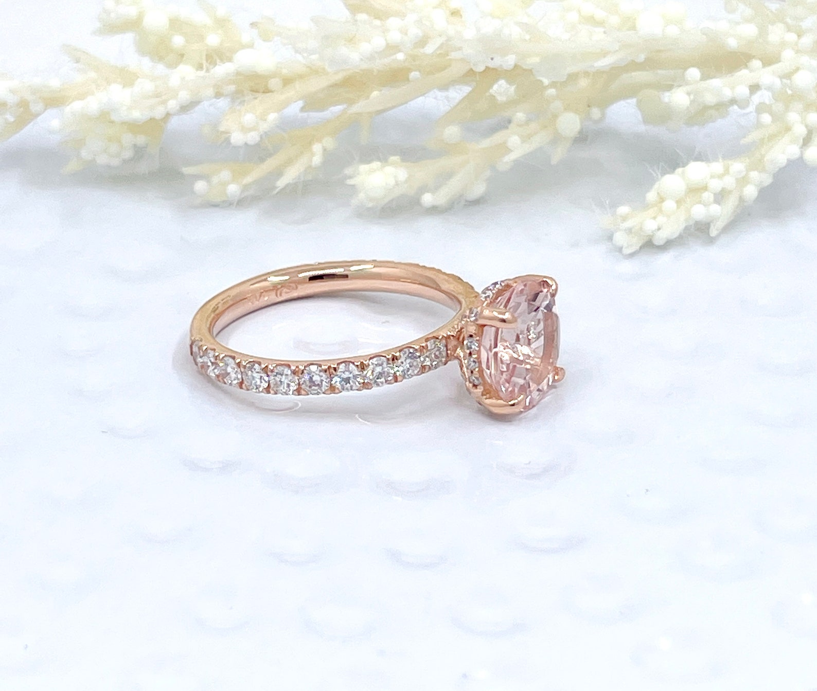 14k Rose Gold Diamond Ring Engagement Ring Morganite Ring 9mm - Etsy