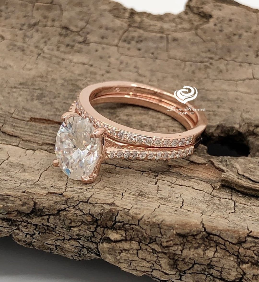 2 CT Oval Cut Bridal Set in 14k Rose Gold, Oval Ring Set, Moissanite ...