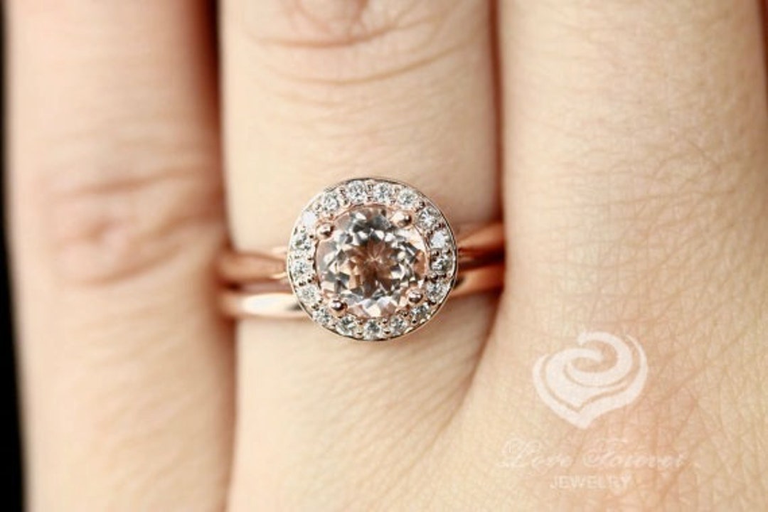 Morganite Bridal Set Solid 14k Rose Gold, Morganite Engagement Ring ...