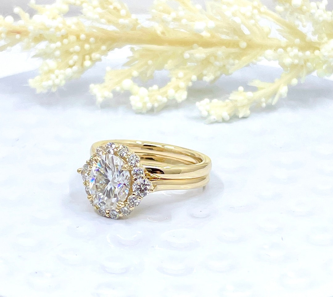 Yellow Gold Wedding Set 14k Gold Yellow, Diamond Halo Wedding Ring, 2 ...