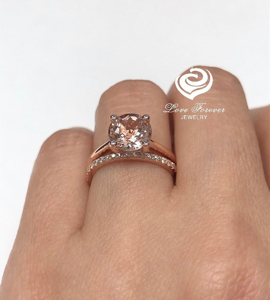 Rose Gold Morganite Round Cut Wedding Set, Round Morganite Engagement ...