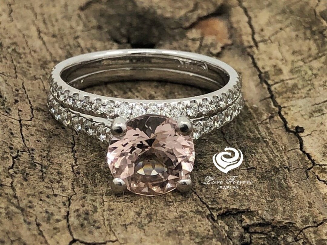 White Gold Morganite Round Cut Wedding Set, Round Morganite Engagement ...