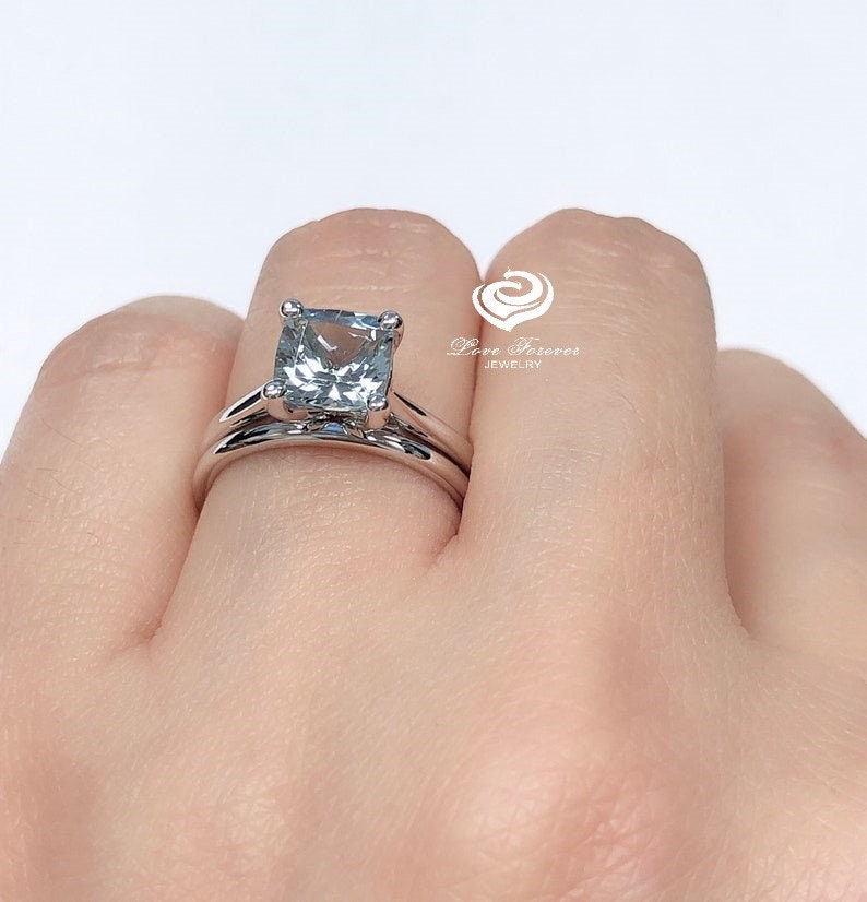 14k White Gold Wedding Set Bridal Set 7mm/1.20ct Cushion Cut - Etsy