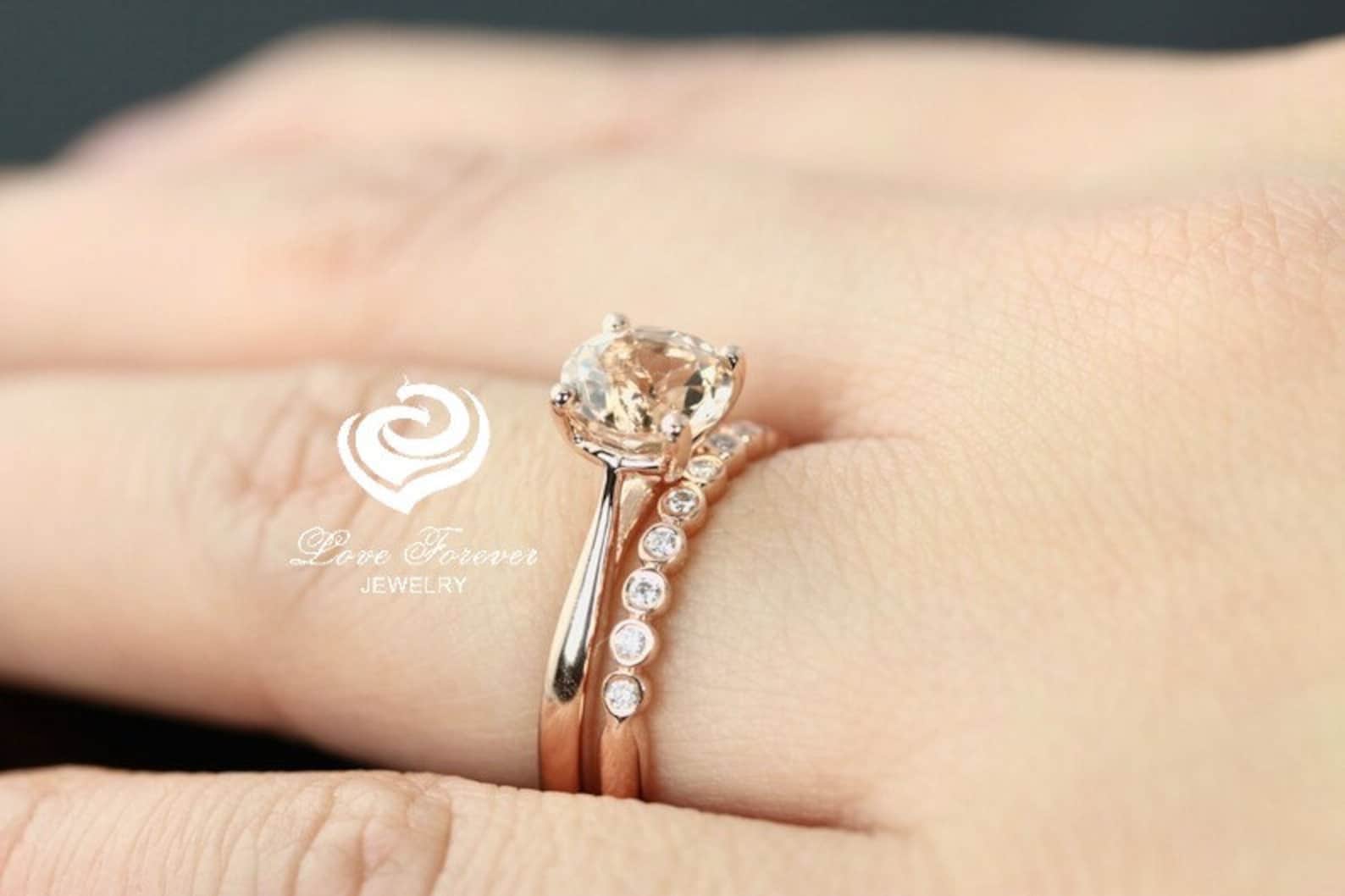 Rose Gold Morganite Round Wedding Set, Round Morganite Engagement Ring ...