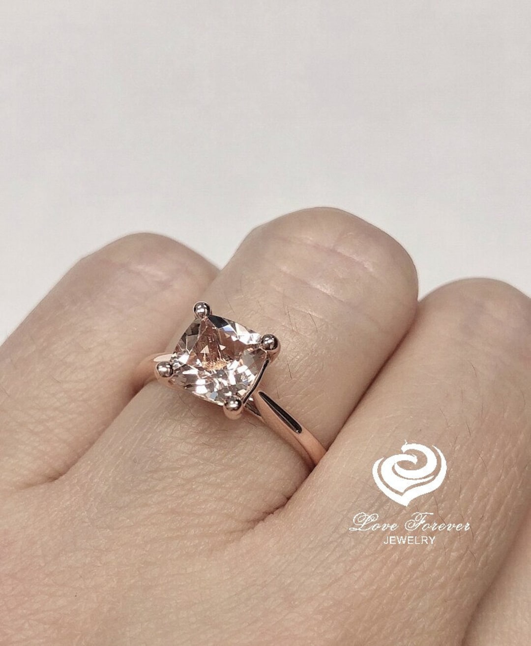 14k Rose Gold Solitaire Ring Engagement Ring 8mm Cushion Cut Morganite ...