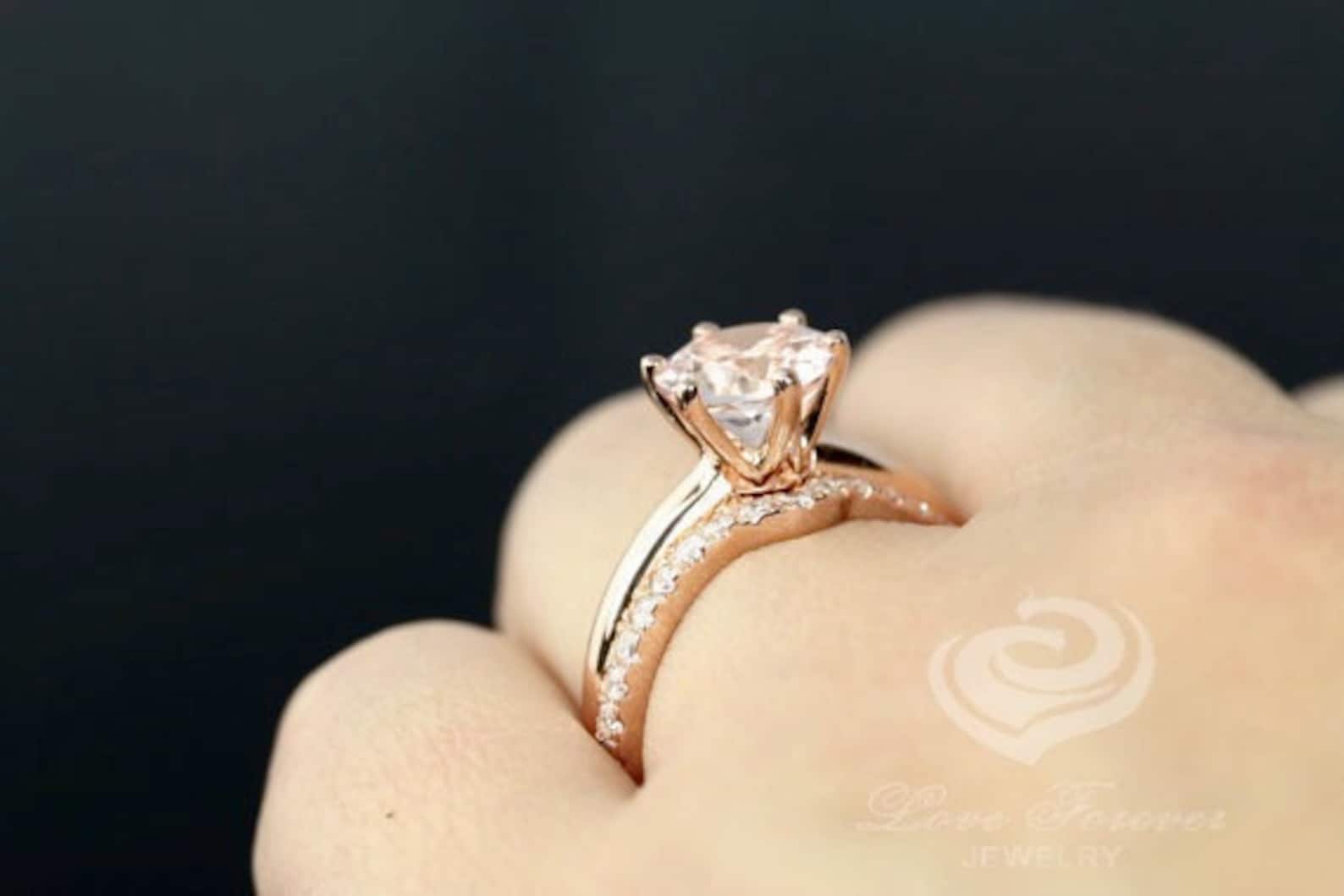 Rose Gold Morganite Round Cut Wedding Set, Round Morganite Engagement ...