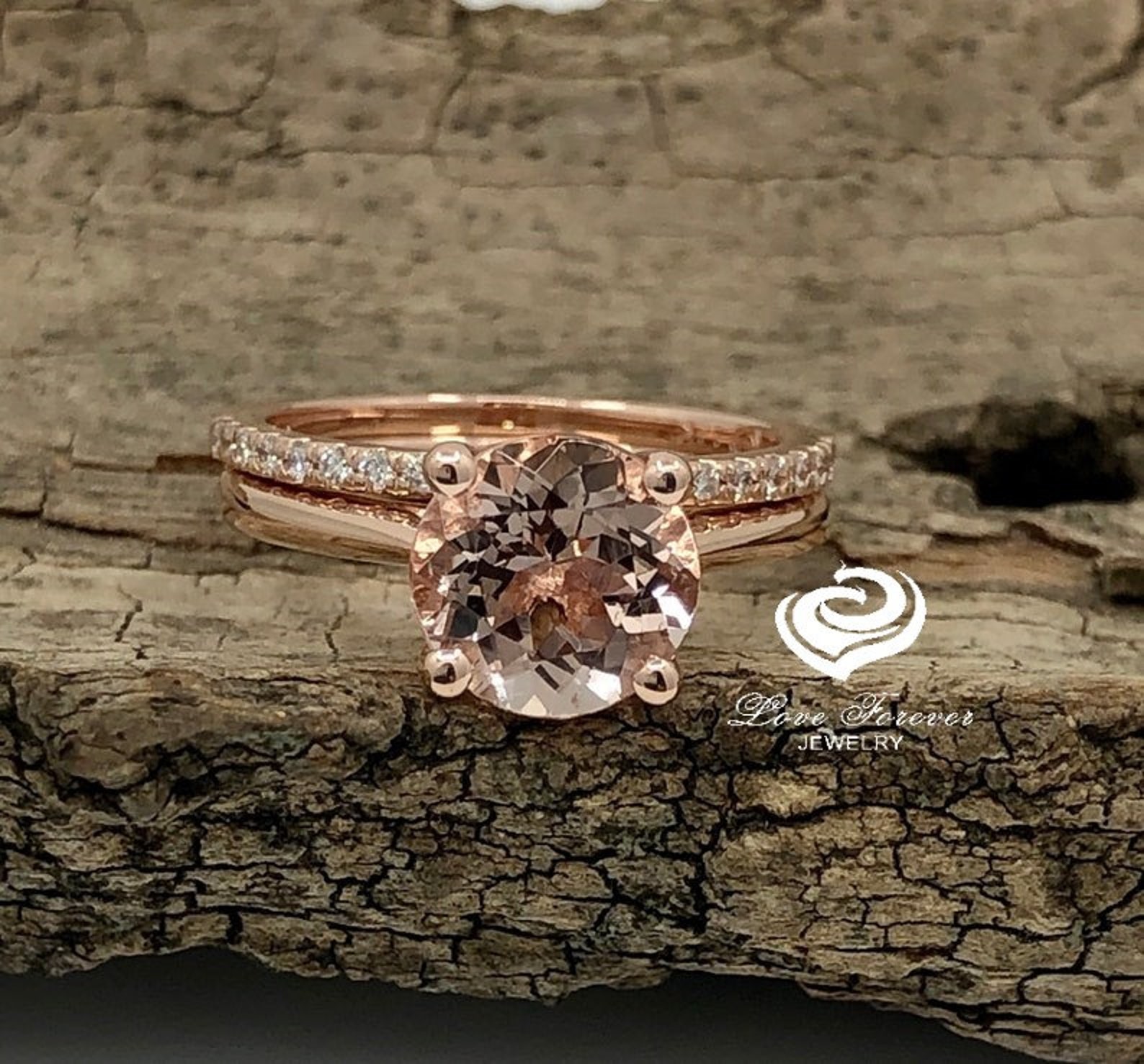 Rose Gold Morganite Round Cut Wedding Set, Round Morganite Engagement ...