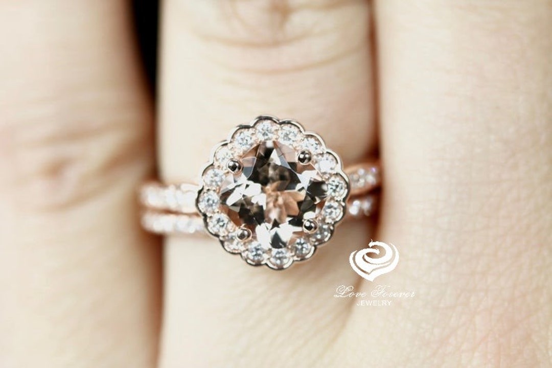 Morganite Cushion Cut Bridal Set in 14K Rose Gold , Morganite Cushion ...