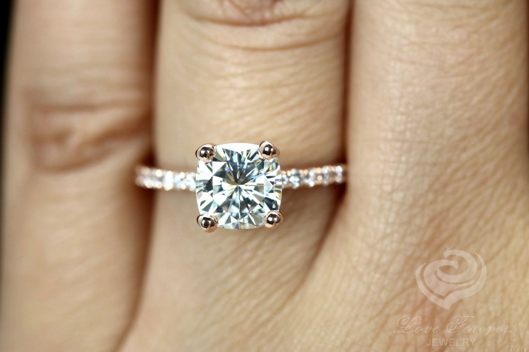 Cushion Cut Engagement Ring 14k Rose Gold, Forever One Moissanite ...