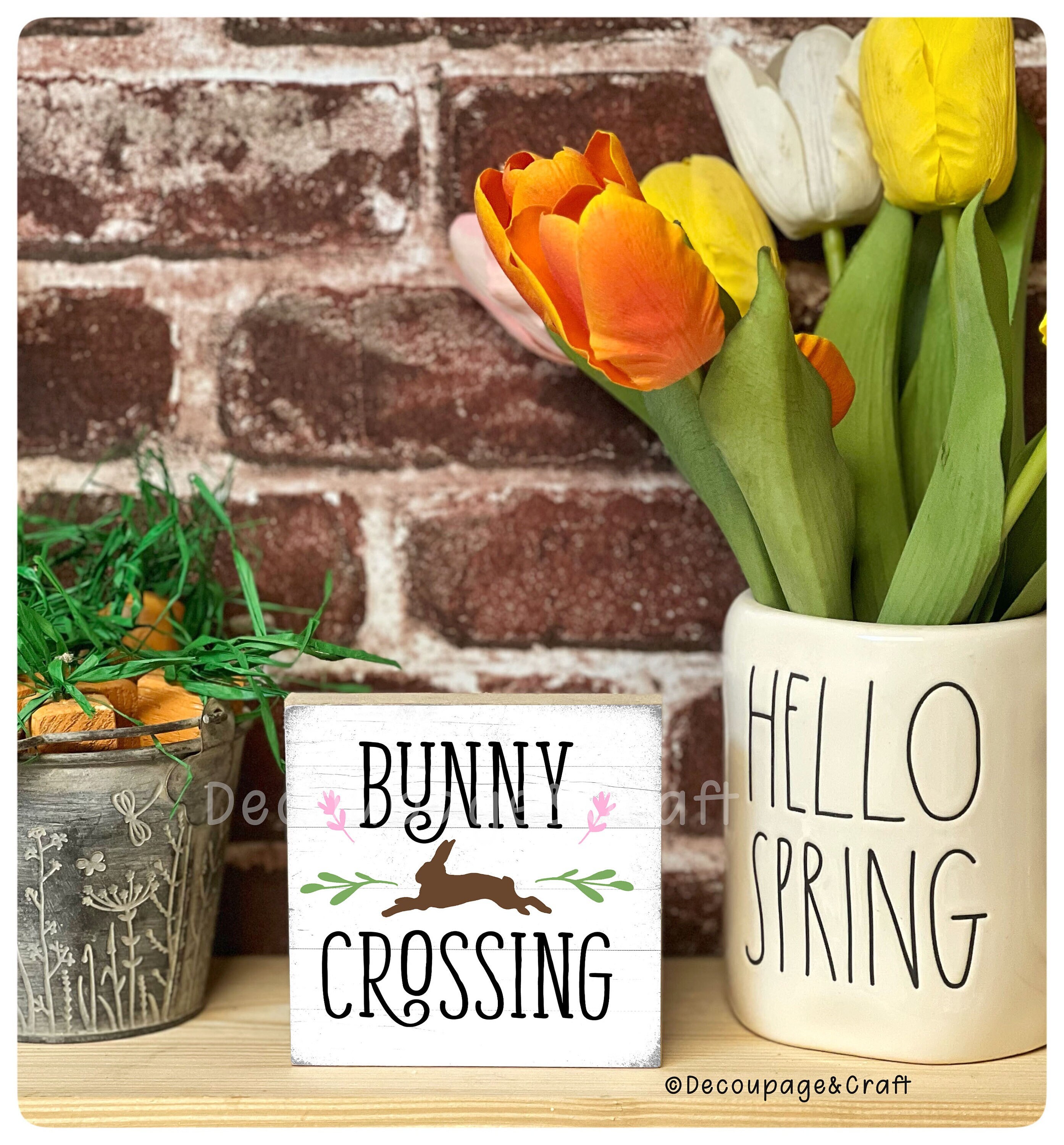Bunny Crossing Sign Farmhouse Tiered Tray Decoration Mini Sign 10x10 ...