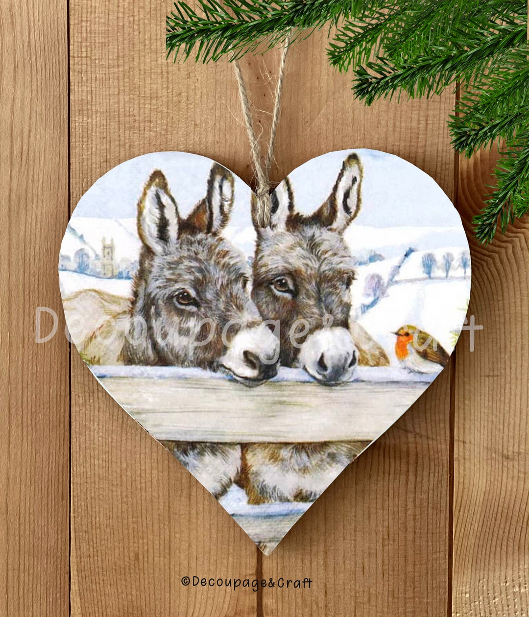 Donkeys and Robin Hanging Heart Plaque 15cm Handmade Decoupaged ...