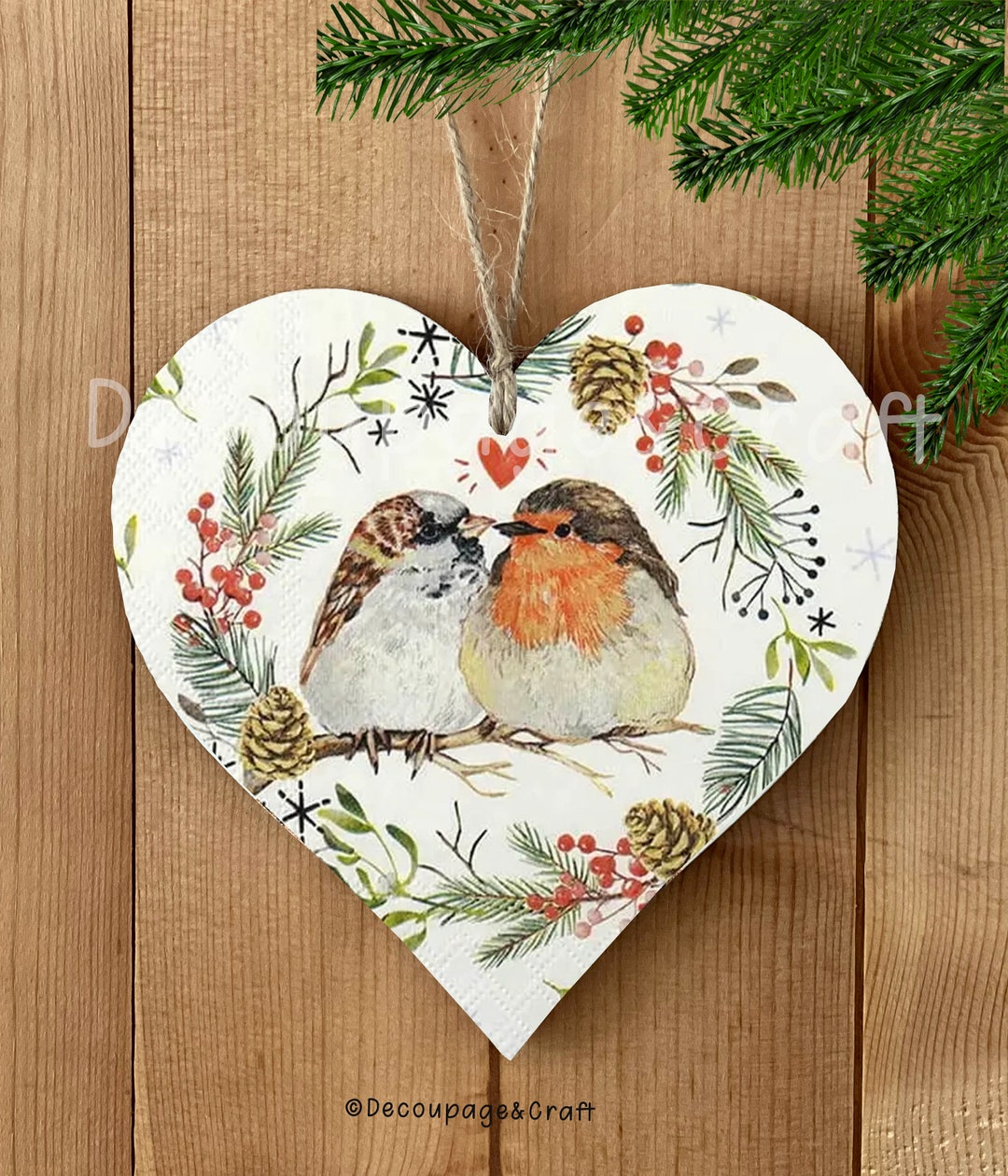 Sparrow and Robin in Love Heart Plaque 15cm Handmade Decoupaged ...