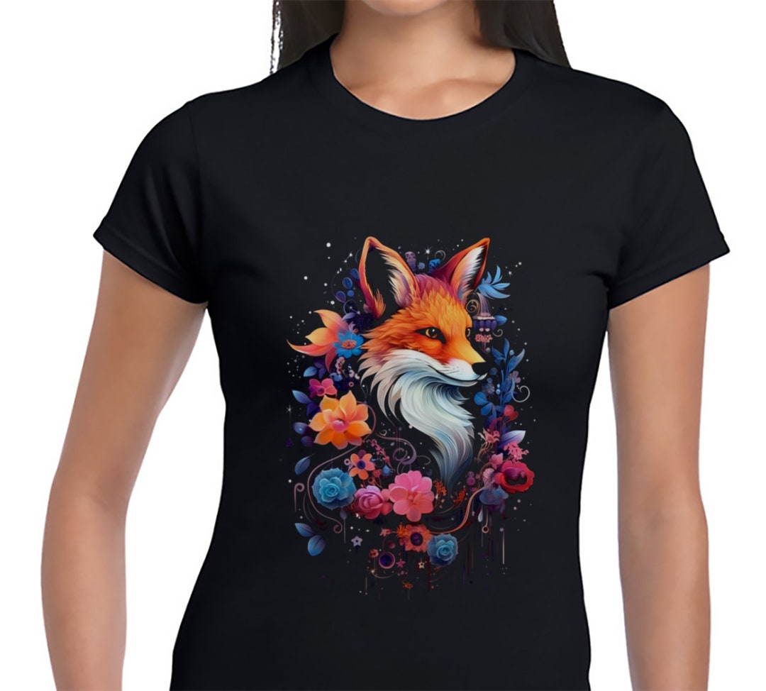 Fox T-shirt Red Fox Artwork Vivid Floral T-shirt Short-sleeve Unisex ...