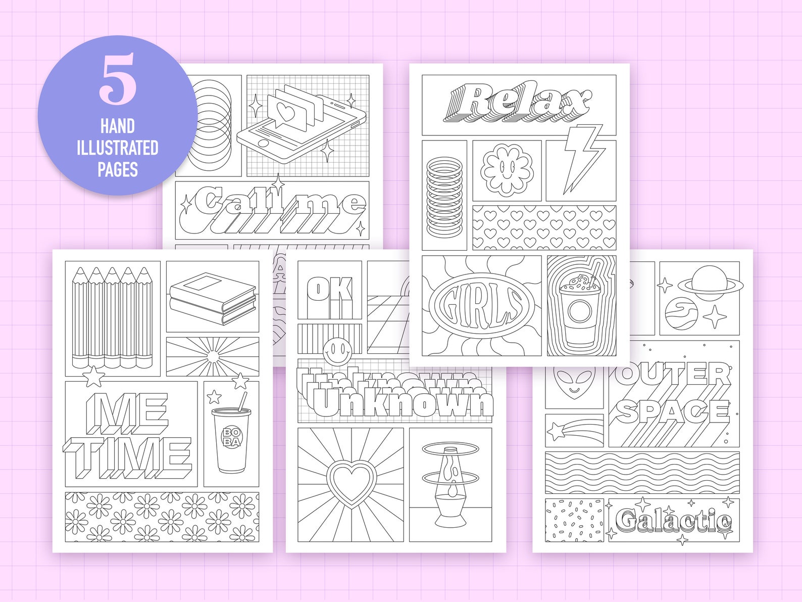 Gen Z Aesthetic 90s Retro Coloring Pages Grid Typography Quotes ...