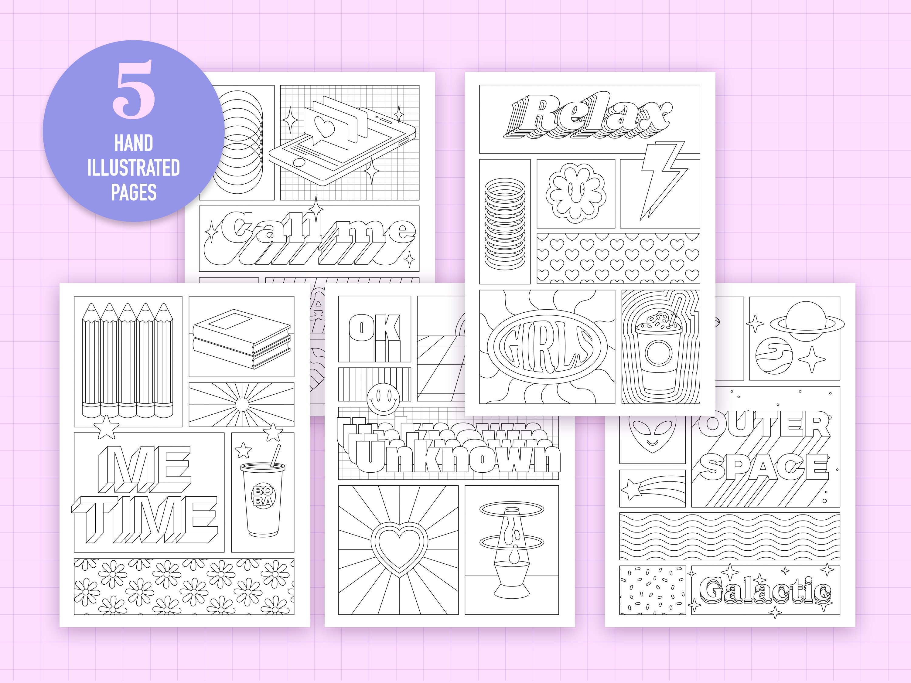 Gen Z Aesthetic 90s Retro Coloring Pages Grid Typography Quotes ...