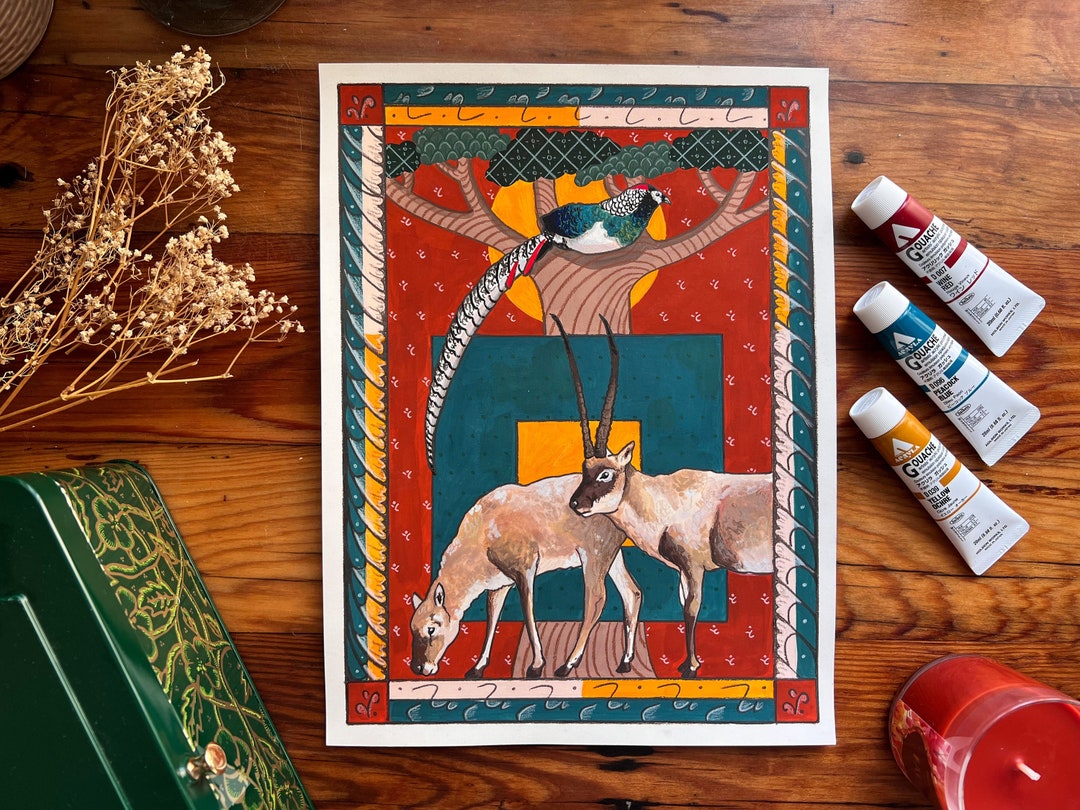 Chiru and Pheasant Original Gouache Painting 9x12 Inspired by Medieval ...
