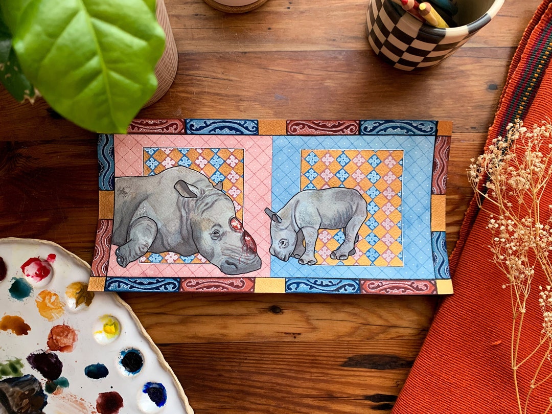 Rhino Original Watercolor Painting - Inspired by Medieval Manuscripts ...