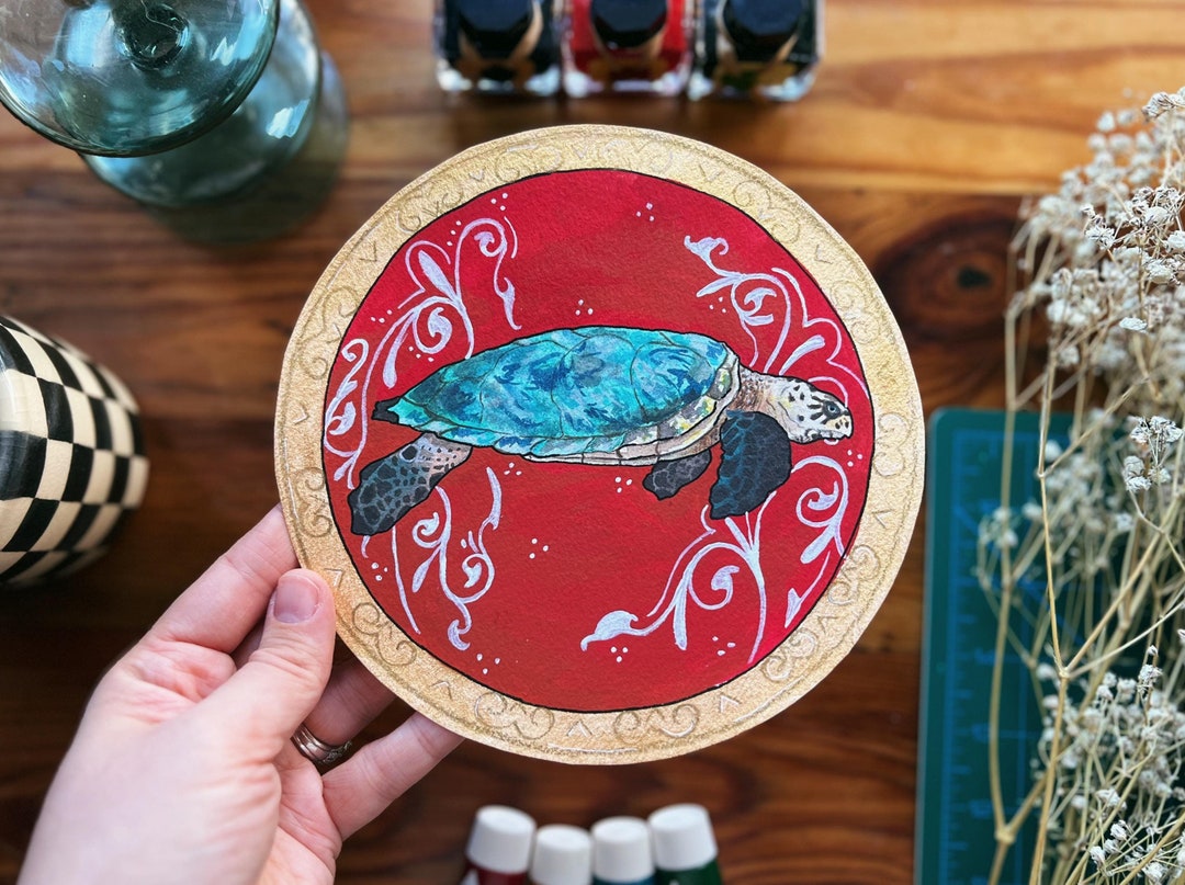 Hawksbill Sea Turtle Original Watercolor Painting - 7x7" - Endangered ...