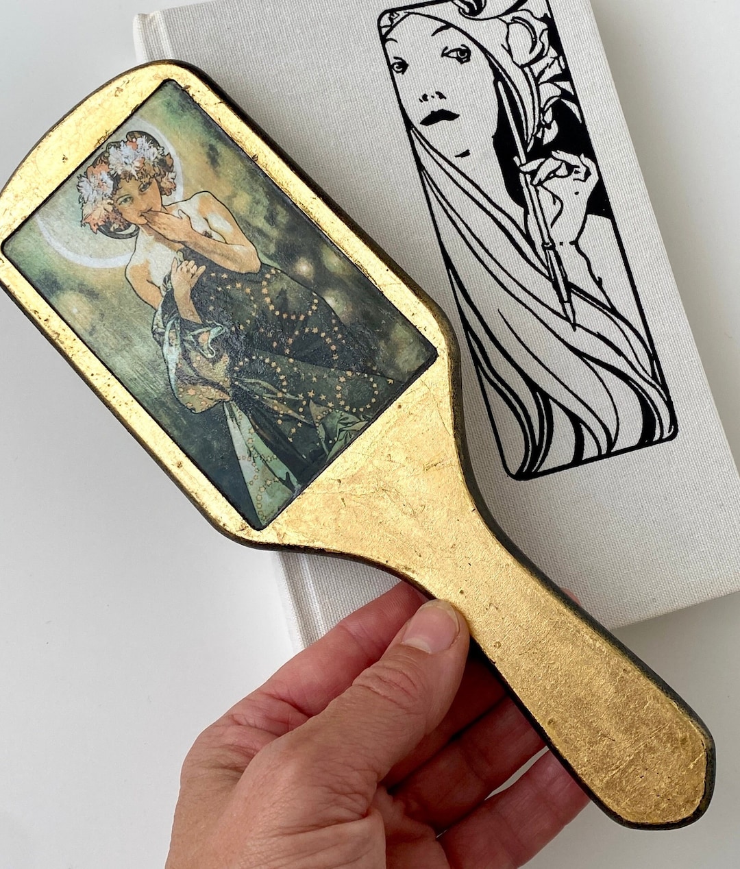 Hand Held Mirror Alphonse Mucha Moon, Gold Leaf Mirror Gift for Women ...