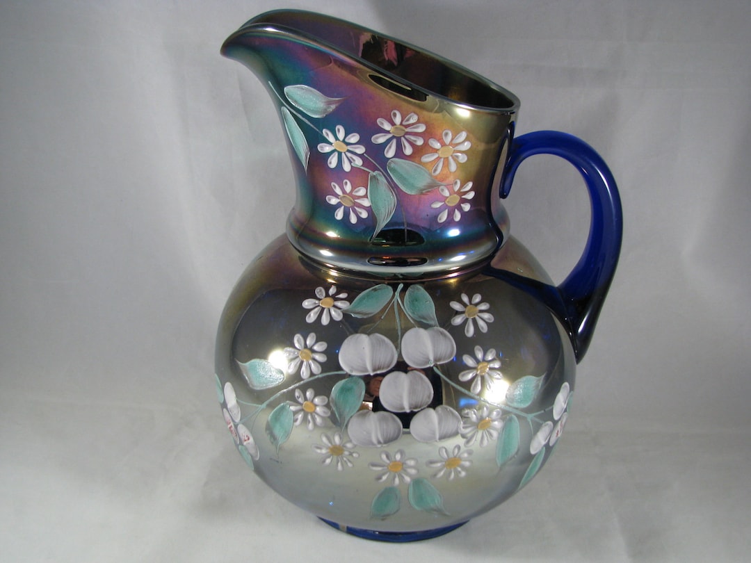 ANTIQUE FENTON Carnival Glass Pitcher Cherries & Blossoms Royal Blue Ca ...
