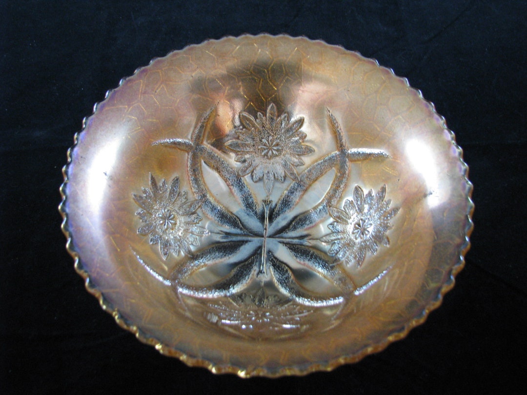 CARNIVAL Glass By: Dugan ,FOUR FLOWERS Pattern, Soda Gold Exterior ...