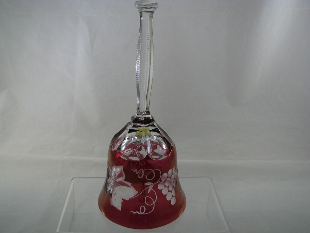 Large CRYSTAL BELL Bohemian Czech Ruby Cut to Clear Grape and Leaf 7 1/ ...