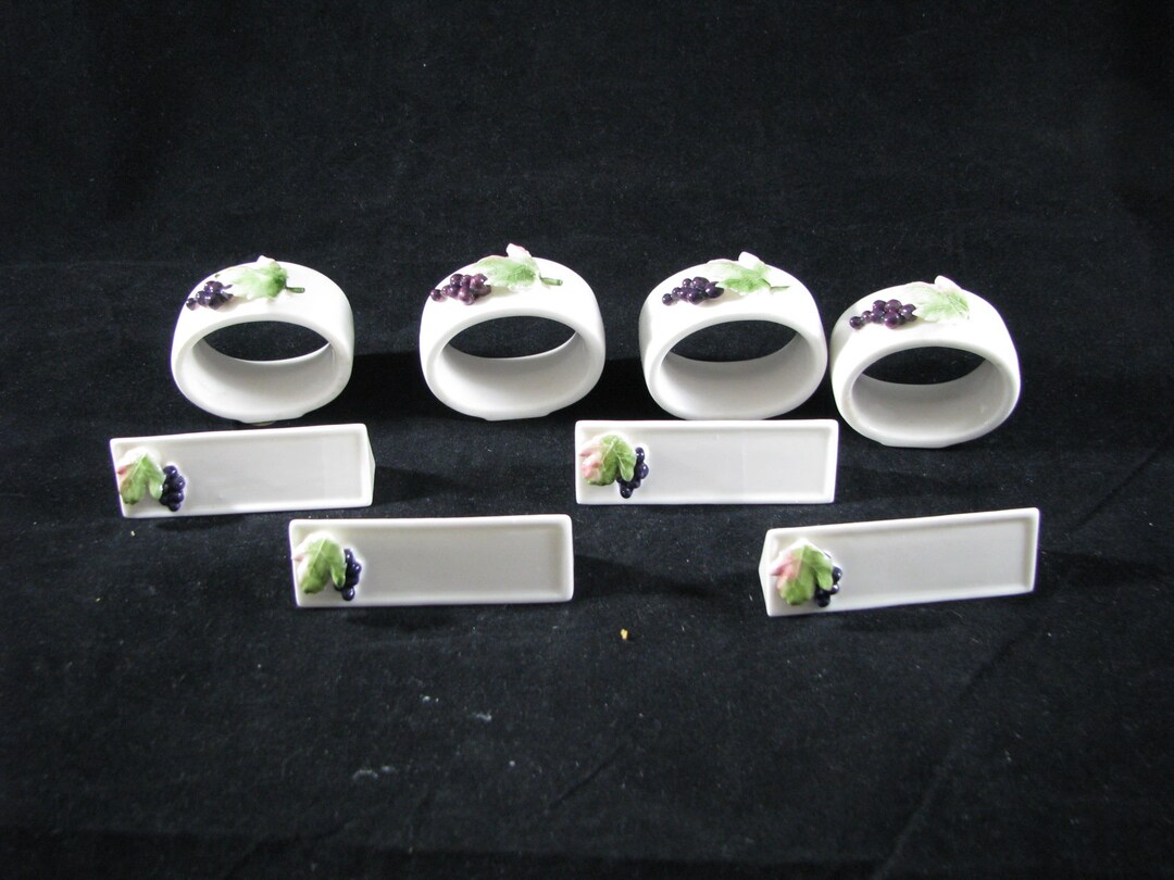 Set of 4 Porcelain Napkin Rings and Matching Place Cards 3" Wide Grapes ...
