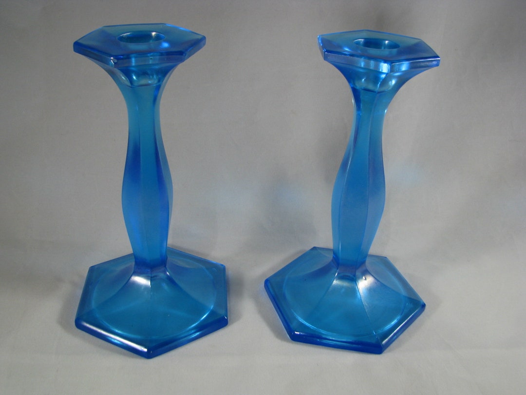 FENTON Celest Blue Stretch Glass Candlesticks #249 6 1/2" Tall Made ...