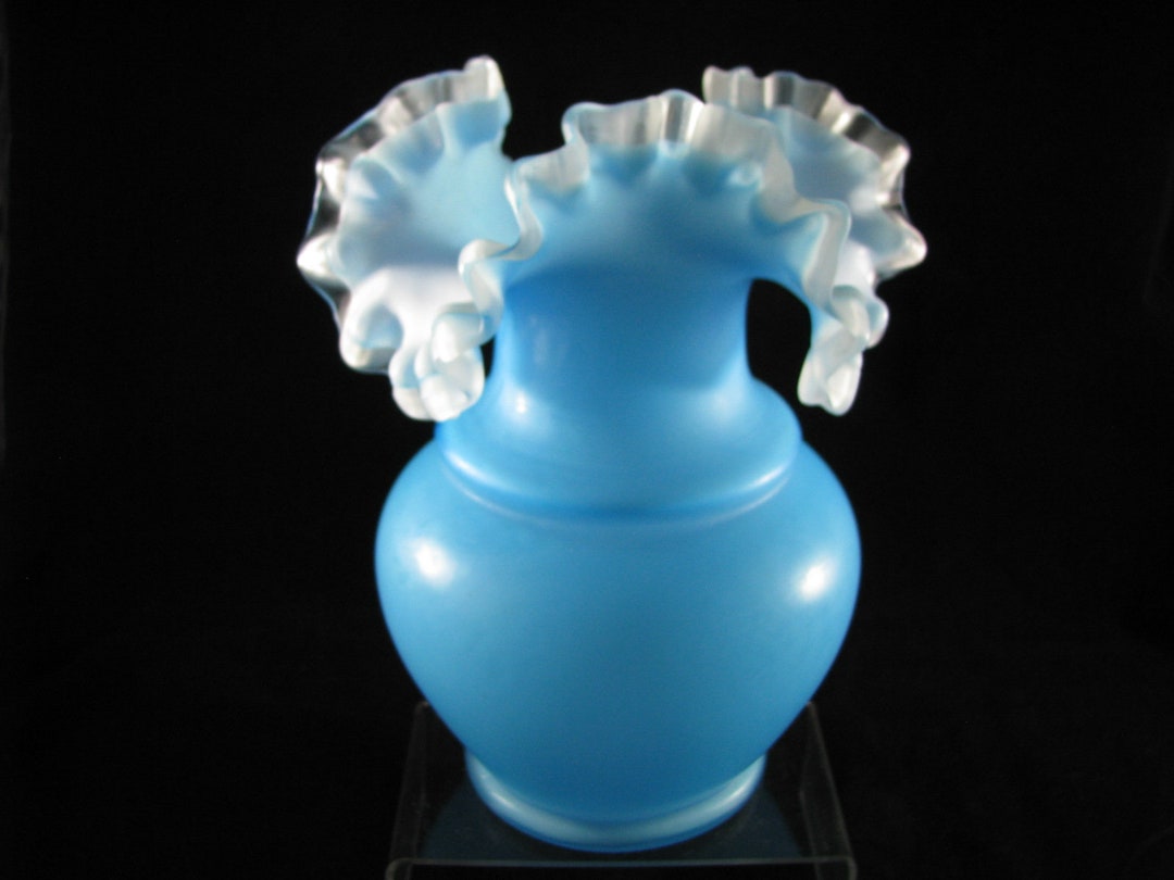 Large Blue Satin Glass Vase With Frosted Crystal Fluted Rim 10" Tall ...