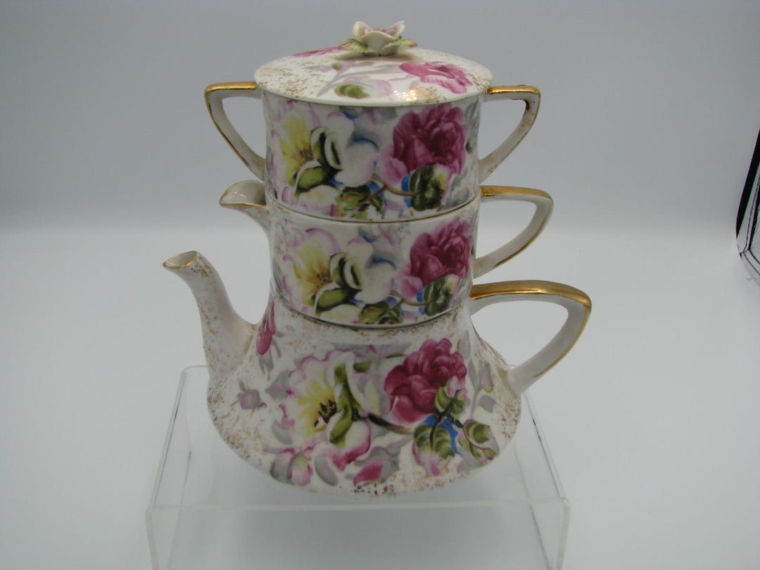 Lefton Stacking Tea Set Hand Painted Floral Teapot Sugar Creamer Teapot ...