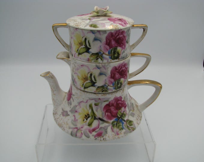 Lefton Stacking Tea Set Hand Painted Floral Teapot Sugar Creamer Teapot ...