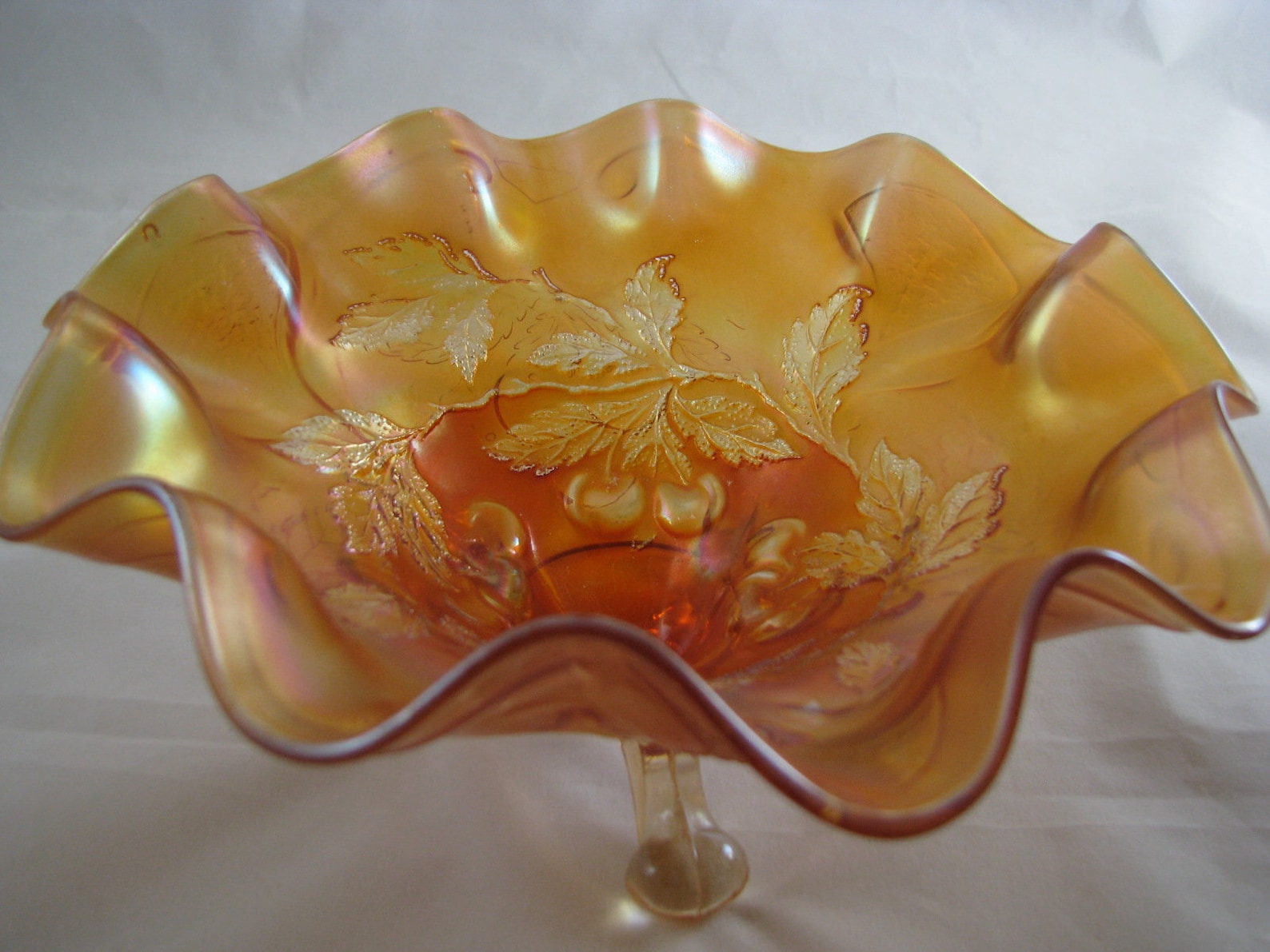 Dugan Carnival Glass Cherry Pattern 3 Ftd Bowl Marigold Iridescent 8 1/ ...