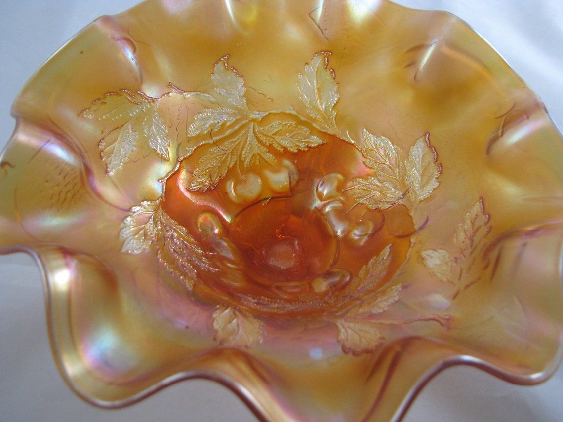 Dugan Carnival Glass Cherry Pattern 3 Ftd Bowl Marigold - Etsy