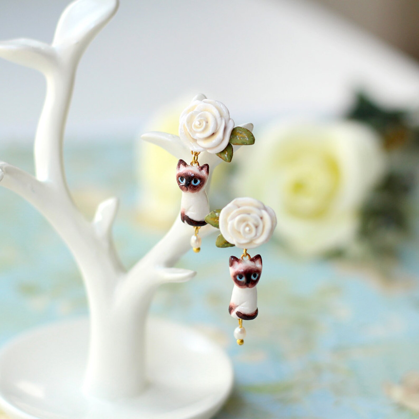 Charming Siamese Cat With White Rose Earrings, Siamese Cat Dangle ...