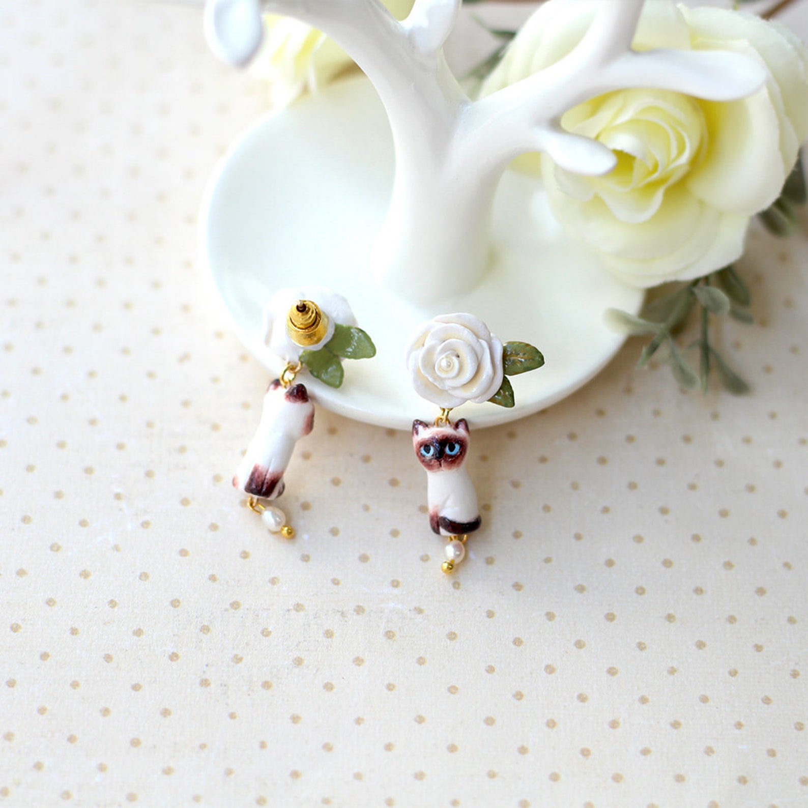 Charming Siamese Cat With White Rose Earrings, Siamese Cat Dangle ...
