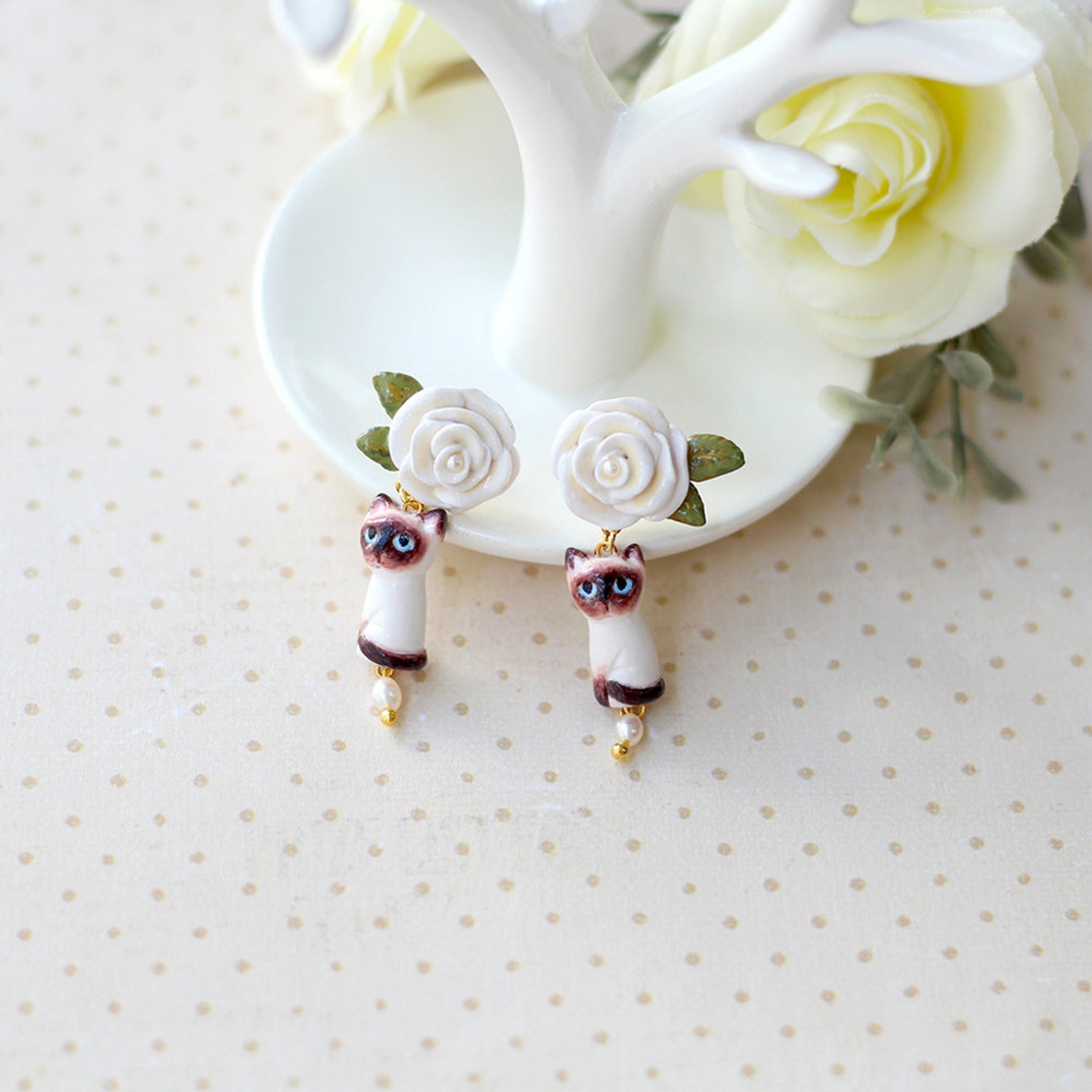 Charming Siamese Cat With White Rose Earrings, Siamese Cat Dangle ...